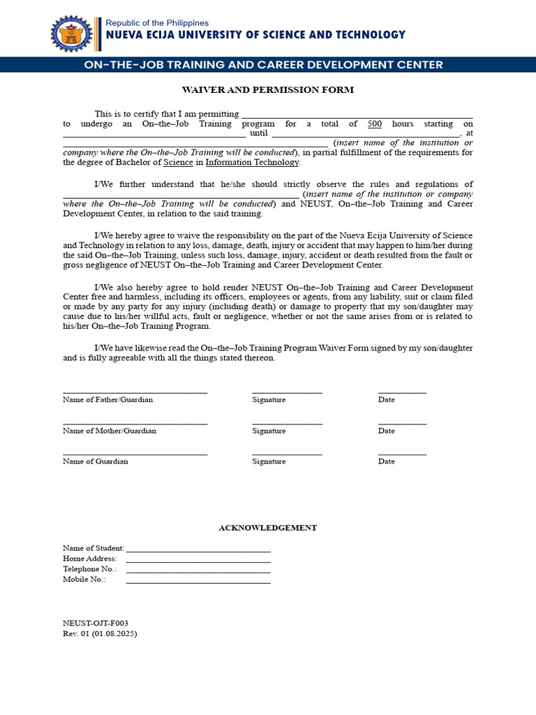 NEUST-OJT-F003 Waiver and Permission Form | PDF | Legal Concepts | Justice