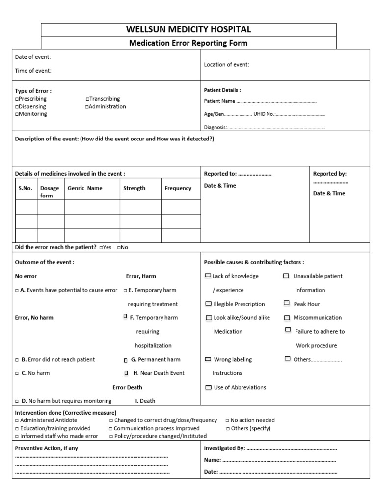 Medication Error Report Form | PDF | Medical Error | Medical Prescription