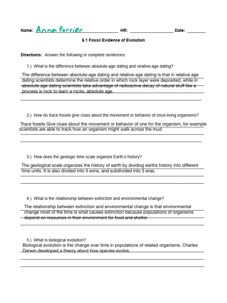 6.1 Fossil Evidence of Evolution worksheet.pdf | PDF | Fossil | Evolution