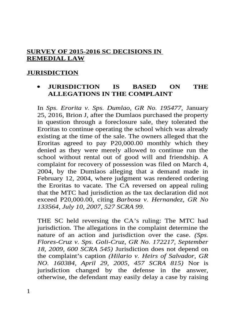 2015-2016 SC Jurisdiction Decisions Review | PDF | Complaint | Laches (Equity)