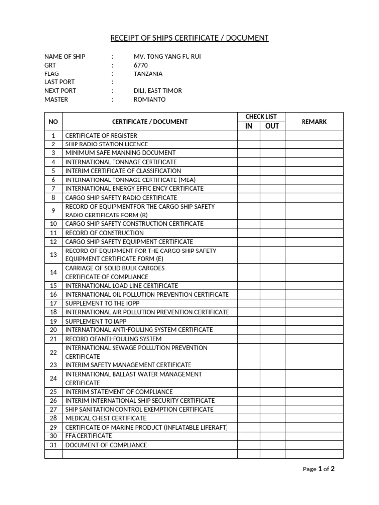Receipt of Ships Certf Tong Fu Salinan | PDF | Ships | Tonnage