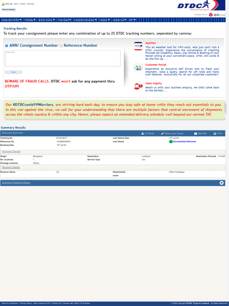 Track Shipment Status Consignment Status - DTDC | PDF