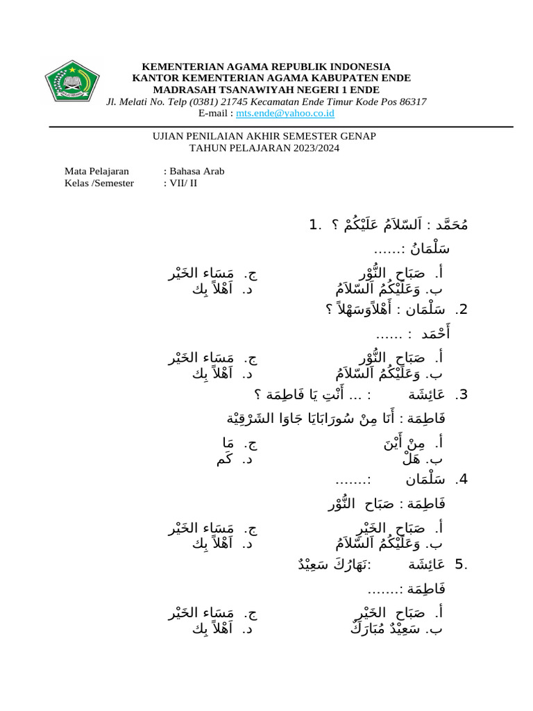 Soal Uas Bahasa Arab 2023 | PDF