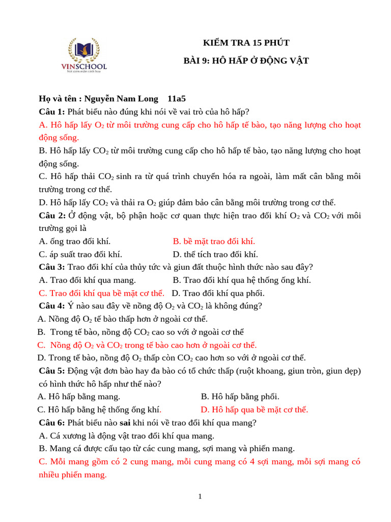 Sh11 Bài 9 Hô Hấp ở Động Vật - Luyện Tập Pht Đề | PDF