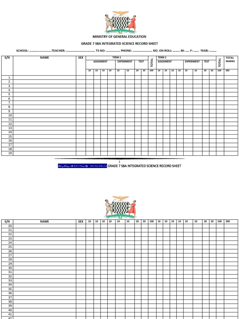 GRADE 7 SBA INTEGRATED SCIENCE RECORD SHEEET | PDF