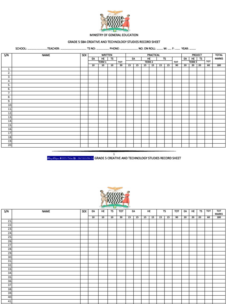 GRADE 5 SBA CREATIVE AND TECHNOLOGY STUDIES RECORD SHEET | PDF