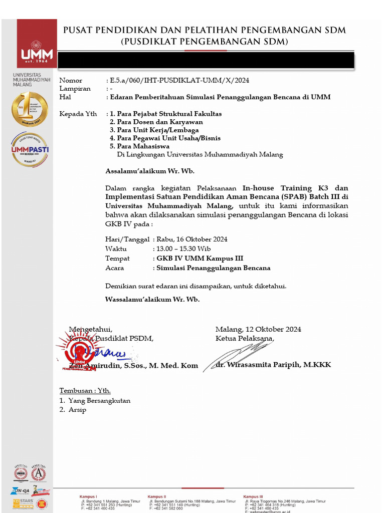 060. Surat Edaran Pemberitahuan Simulasi Bencana di UMM | PDF