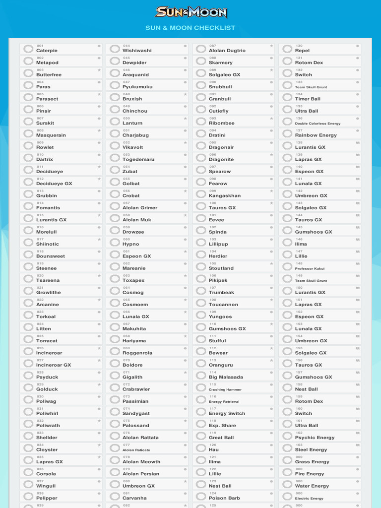 SUM Sun Moon Checklist | PDF | Nintendo Franchises | Pokémon