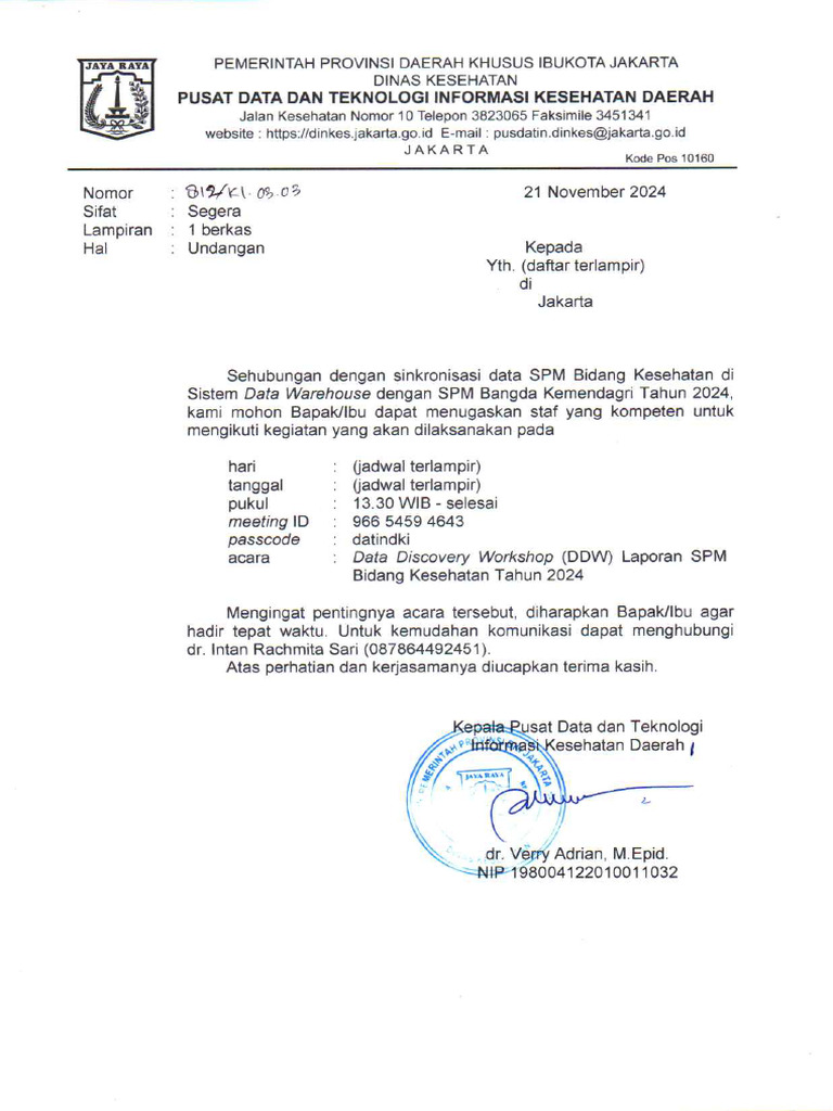 Undangan Rapat - Data Discovery Workshop (DDW) Laporan SPM Bidang Kesehatan Tahun 2024 | PDF
