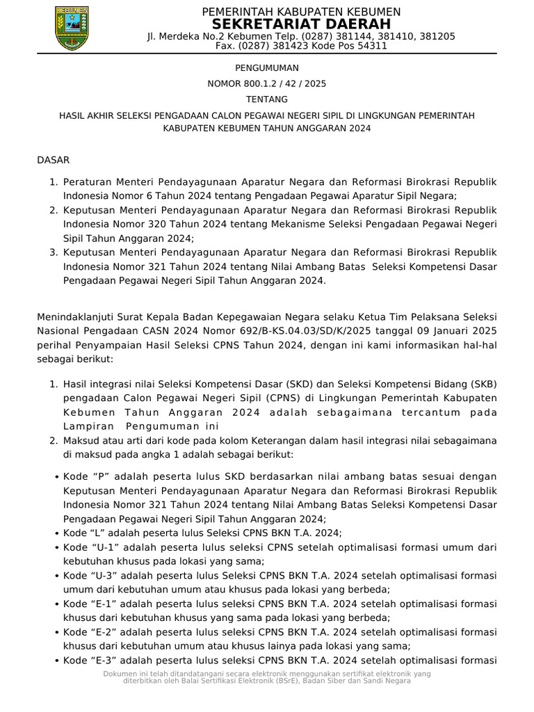 Pengumuman Hasil Akhir Pengadaan CPNS TA 2024 | PDF