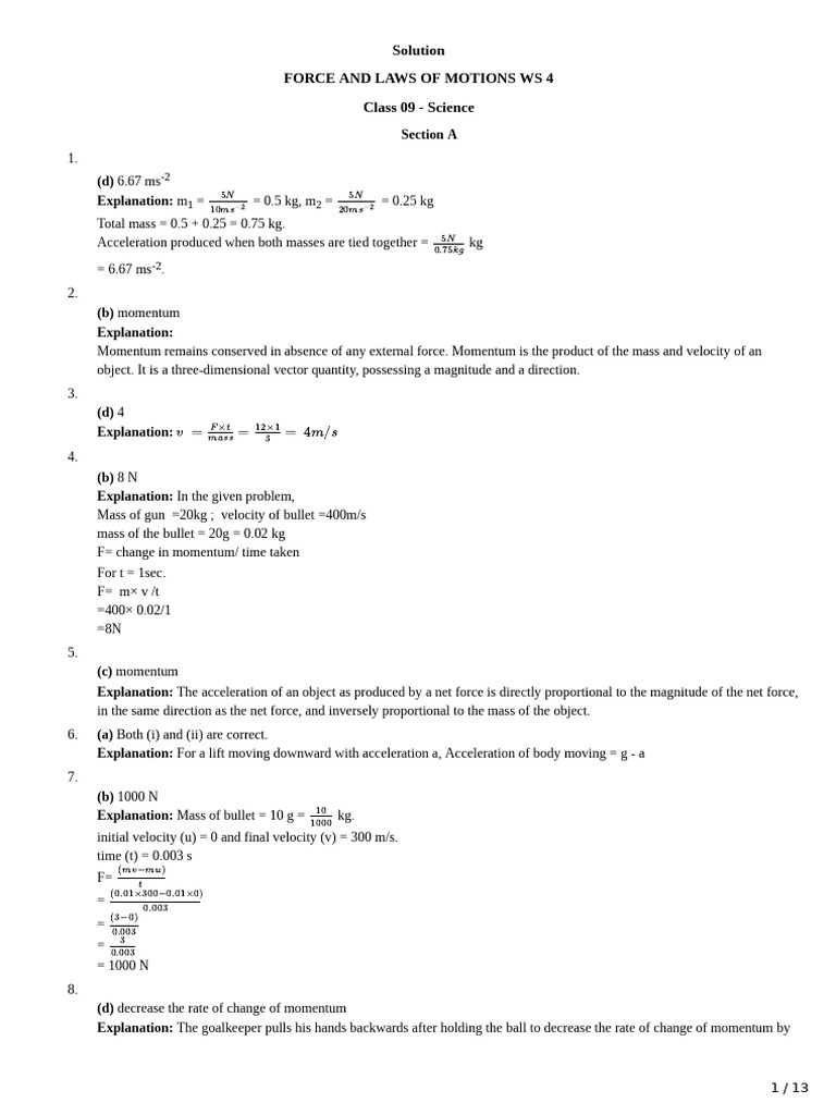 Forces and Laws of Motion WS 4 Sol (Second Law of Motion) | PDF | Force ...