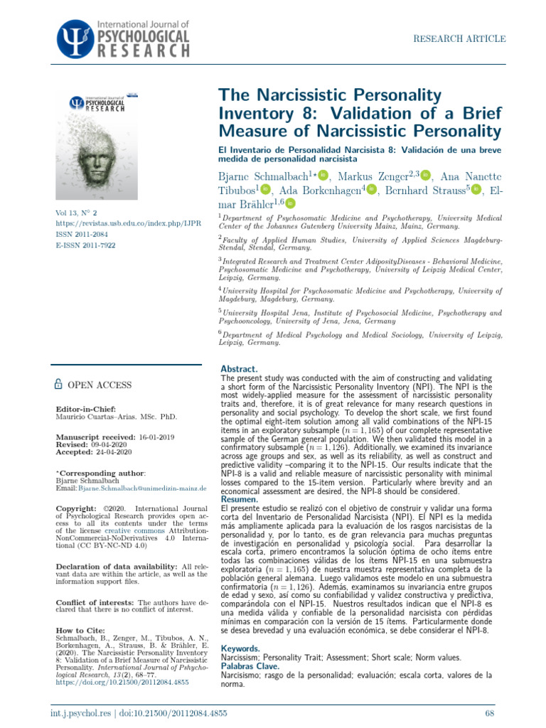 The Narcissistic Personality Inventory 8 Validatio | PDF | Narcissism | Psychology
