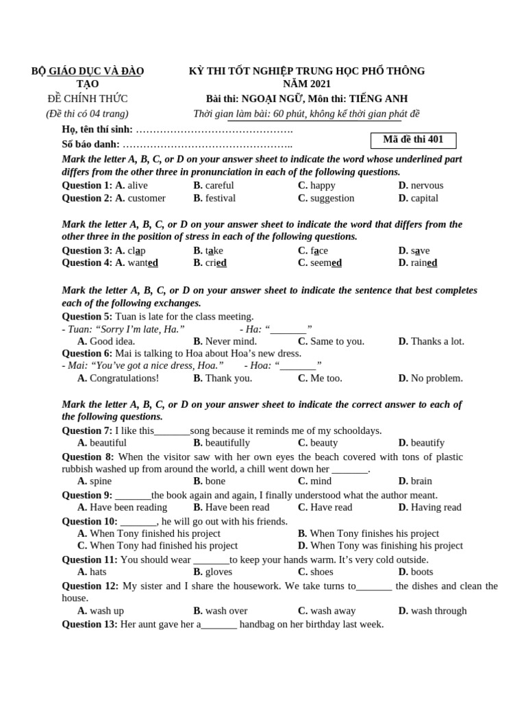 Đề Thi Chính Thức THPTQG Hà Nội 2021 | PDF | Text Messaging | Communication