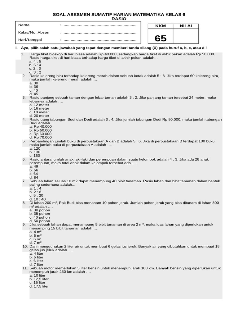 Soal Asesmen Harian MTK TTG Rasio | PDF