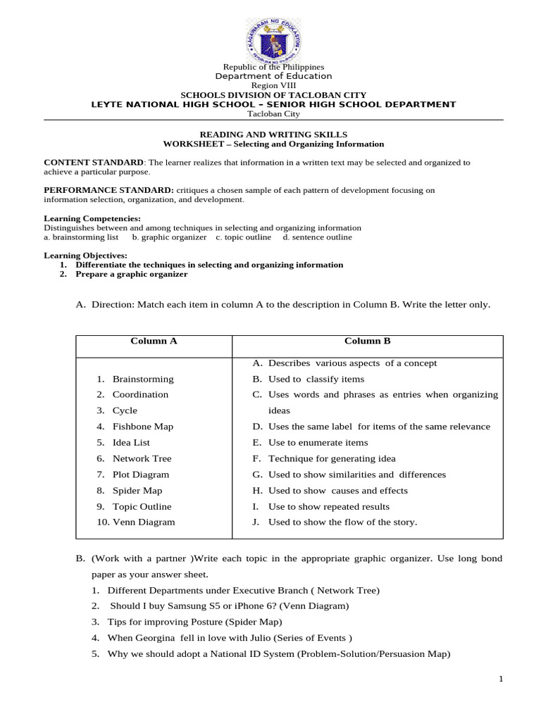 Graphic Organizer - Activity Sheet in RWS - Selecting and Organizing Information | PDF ...