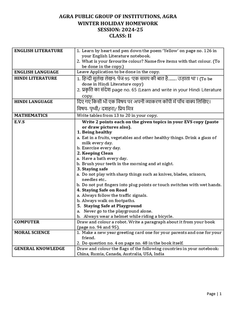 Winter Holiday Homework Class 2 | PDF