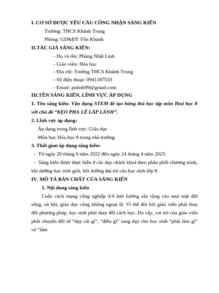 SKKN 2023 Stem Hóa Học 8 | PDF