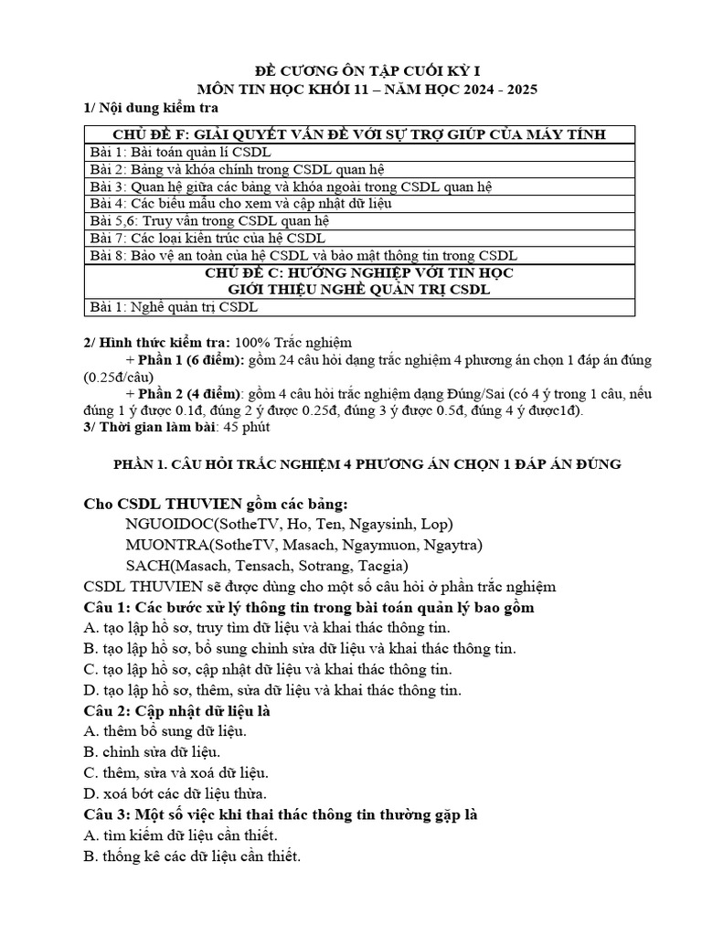 Đề cương Tin học 11 - CKI - 2425 | PDF