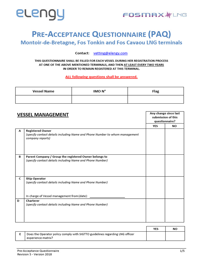 LNG Terminal Pre-Acceptance Questionnaire | PDF