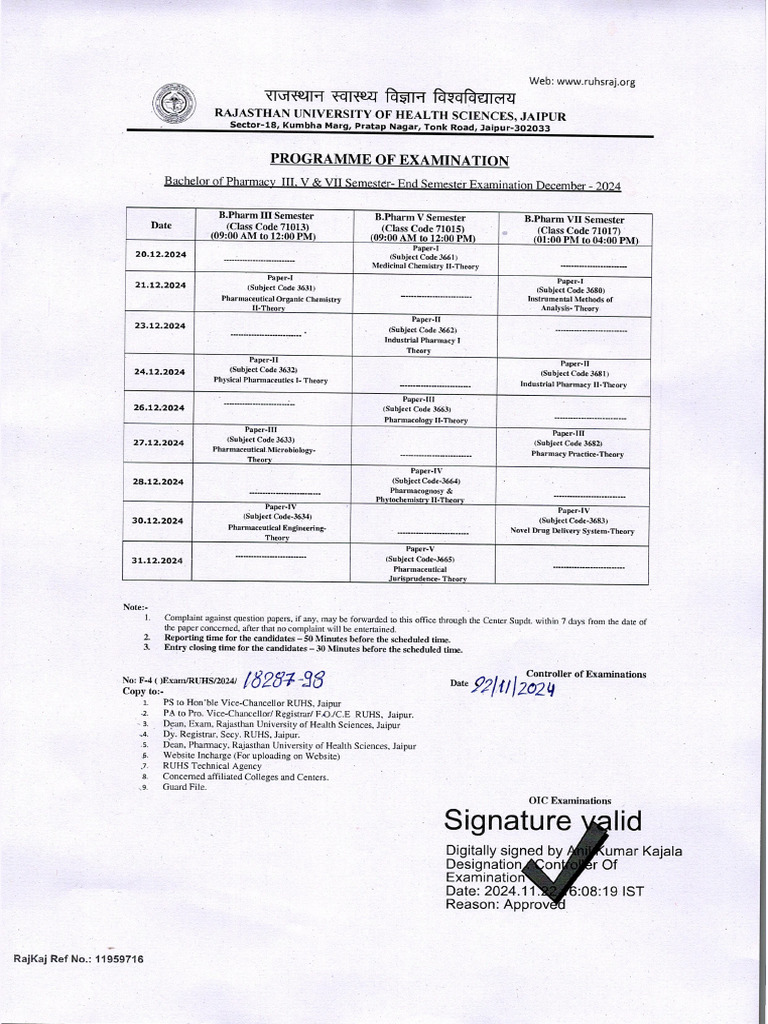 Time Table of B.Pharmacy III, V, VII Semester - End Semester Re & Examination December - 2024 | PDF