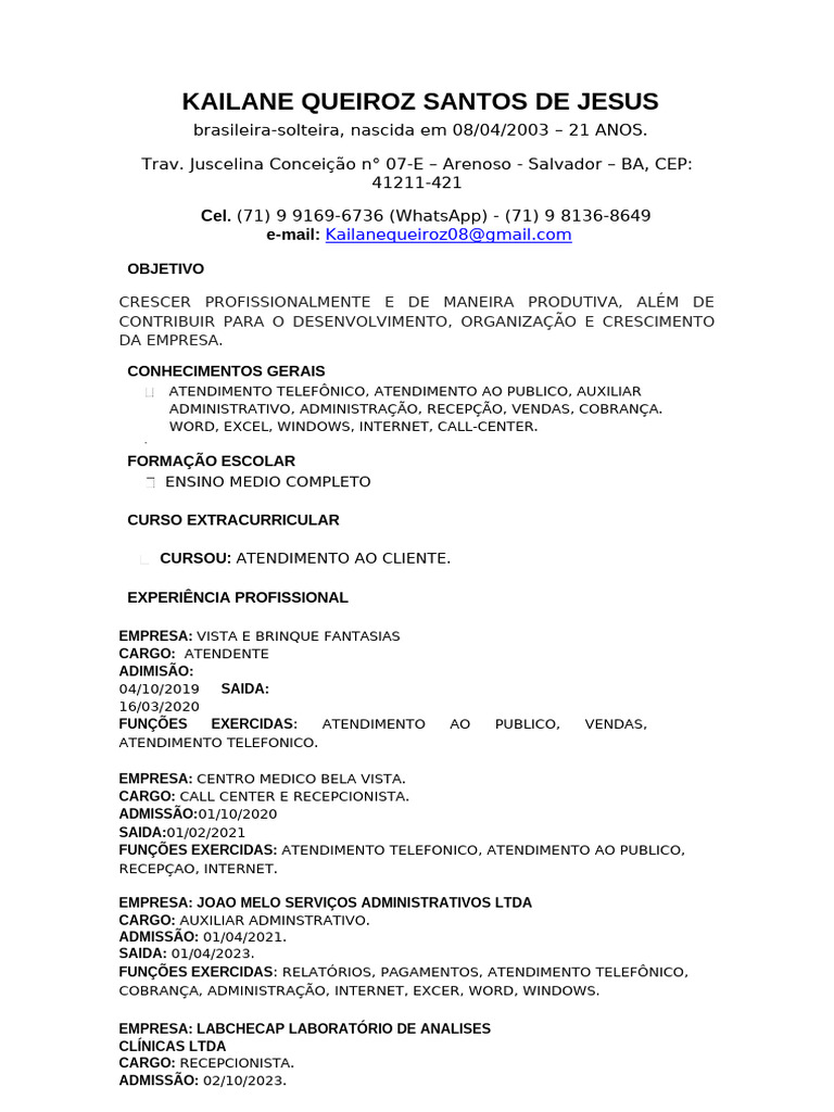 Currículo Kailane Word 1 | PDF