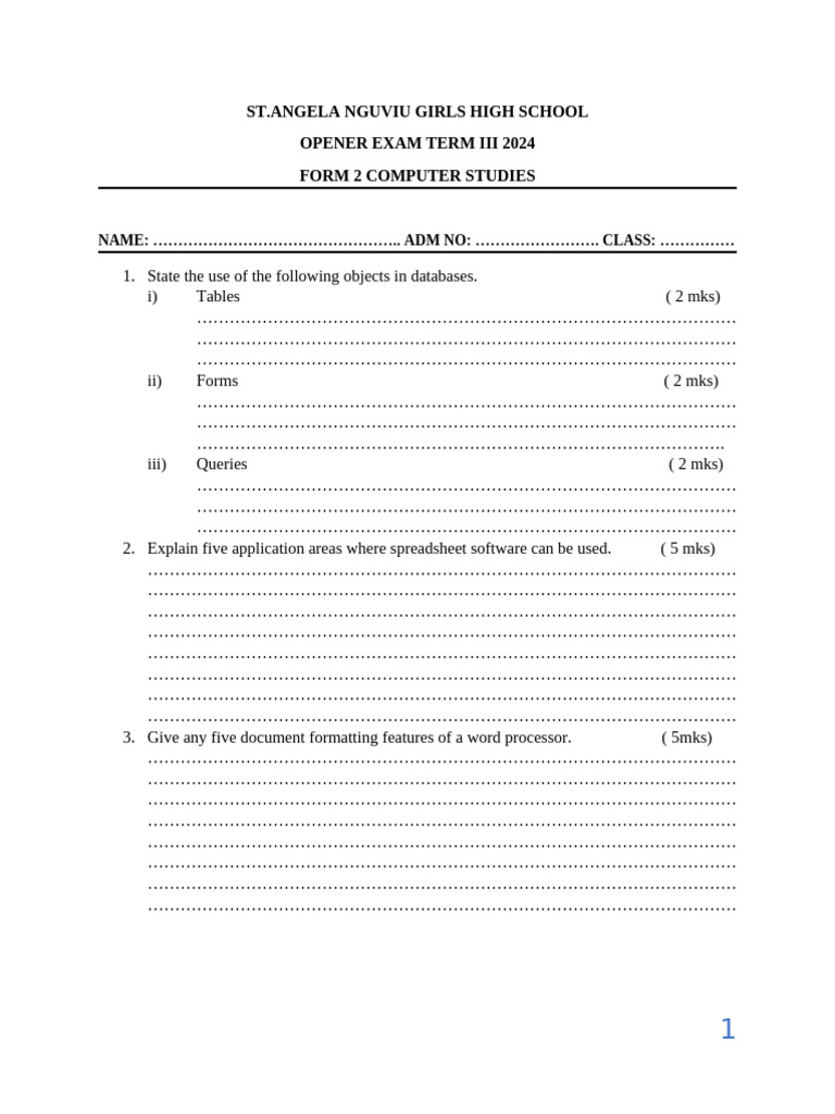 Form 2 Computer Studies Exam Term 3 | PDF | Computing | Computer Science