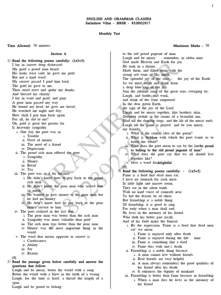 Unseen Poems with Questions for Class 6 | PDF