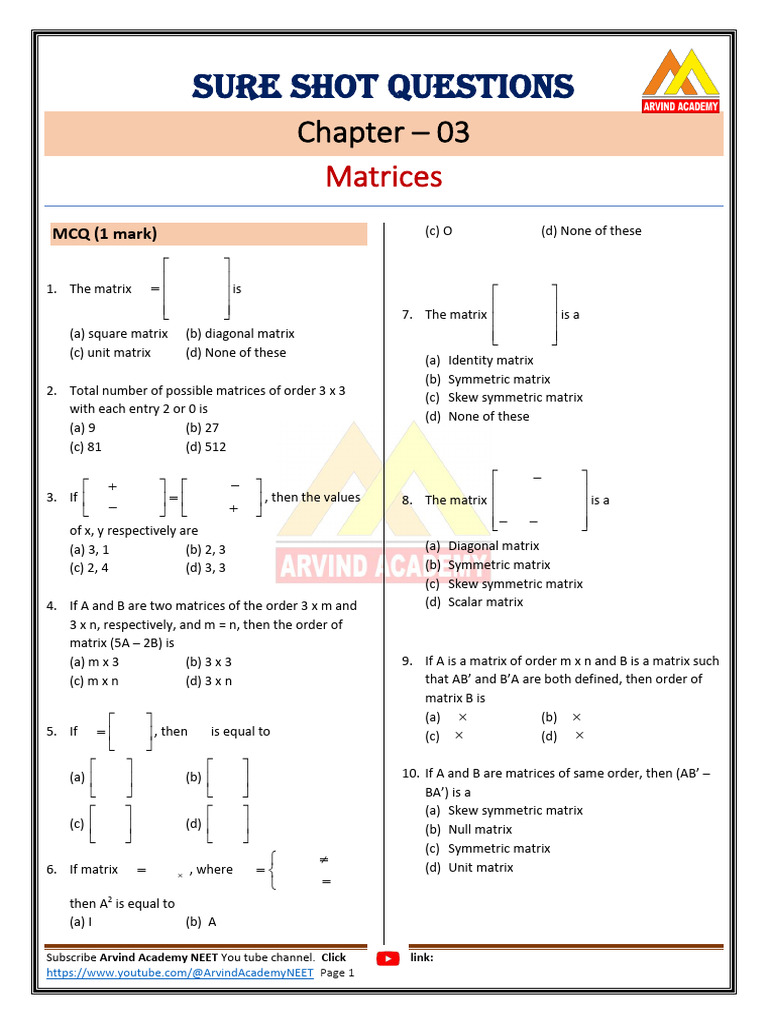 Question Chap 3 Matrices (2) | PDF | Matrix (Mathematics) | Linear Algebra