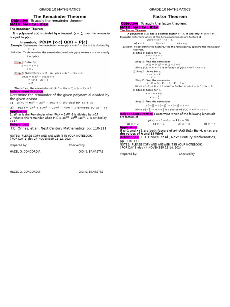 Grade 10 Math: Remainder & Factor Theorems | PDF