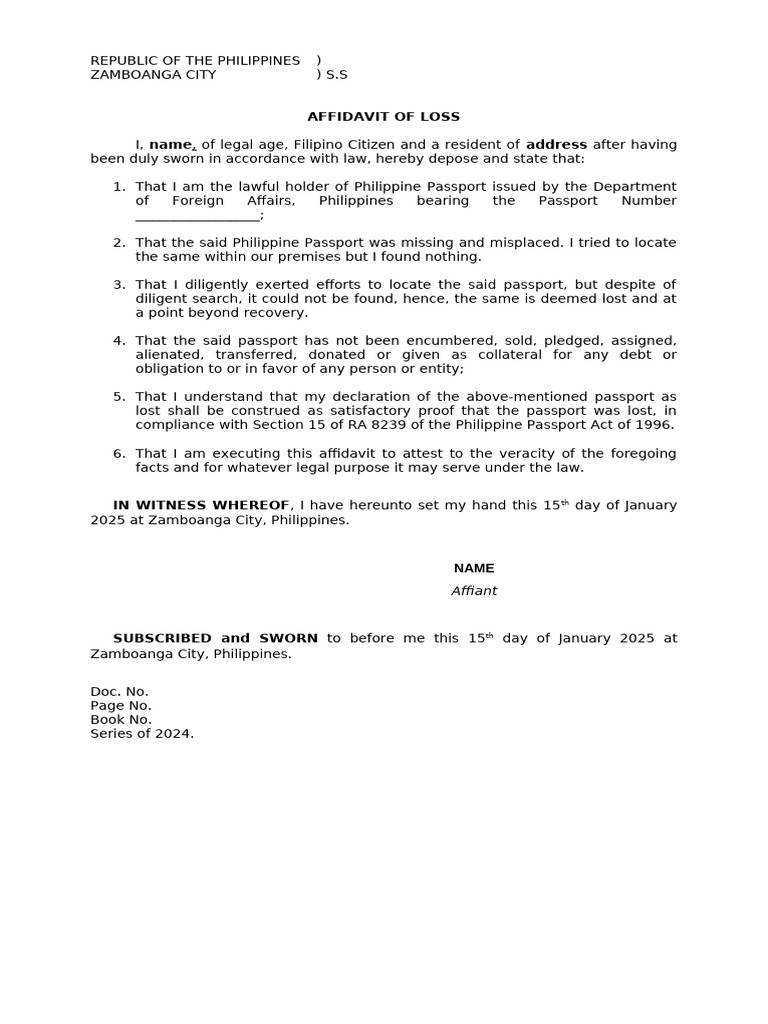 Affidavit of Loss Passport | PDF