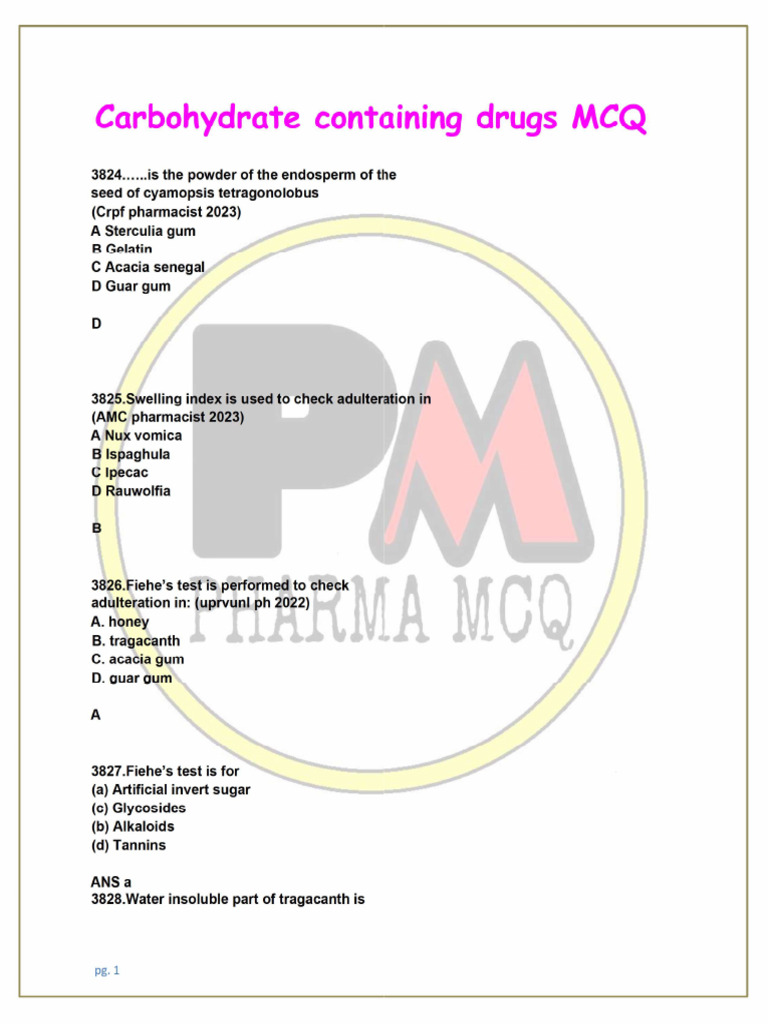 Carbohydrate Containing Drugs MCQ (3824-3866) | PDF