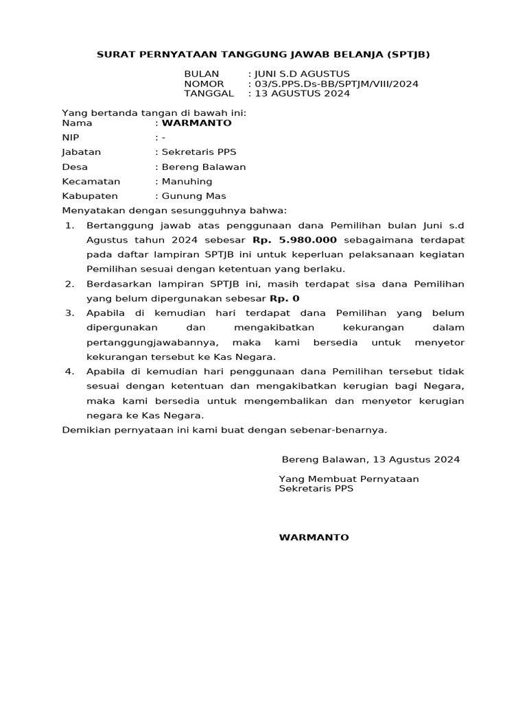SURAT PERNYATAAN TANGGUNG JAWAB BELANJA | PDF