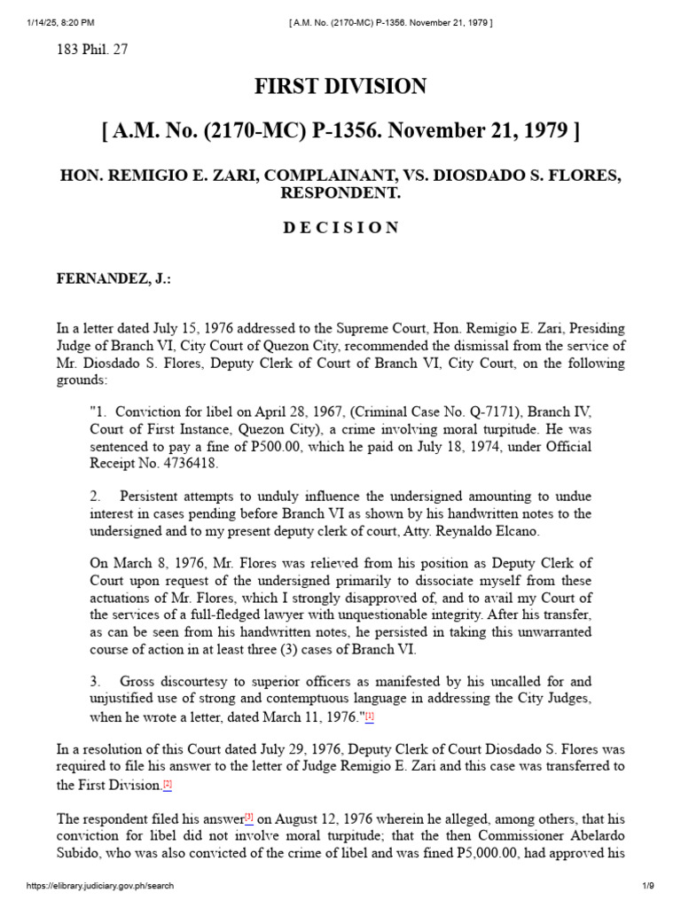 Zari V Flores (94 SCRA 317) | PDF | Defamation | Moral Turpitude