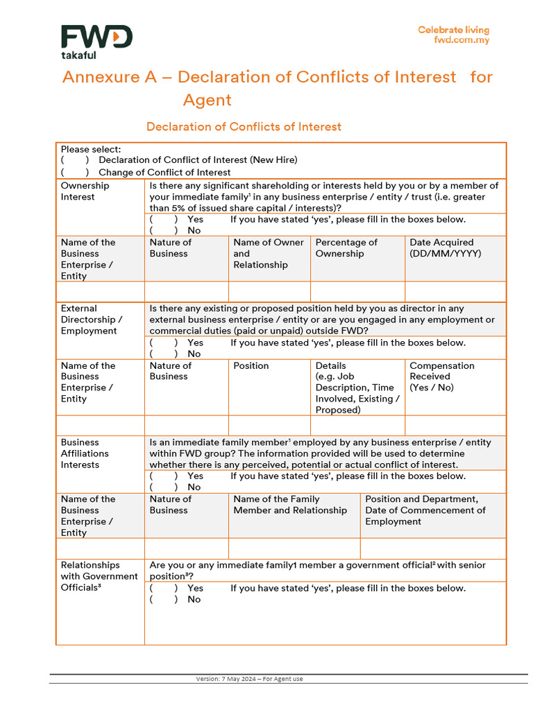 4 COI Form - Annexure A Wef 7 May 2024 (For Agent Use) | PDF | Conflict ...