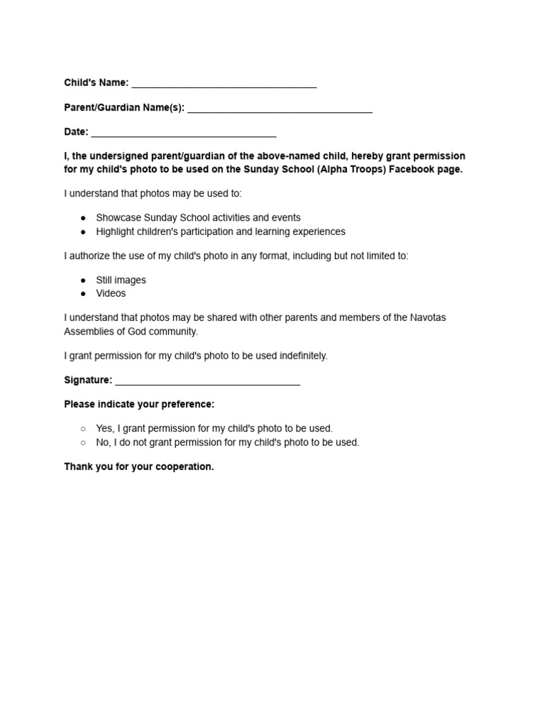 Sunday School Photo and Event Consent Form | PDF