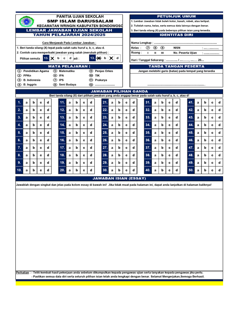 Format Lembar Jawaban Ujian Sekolah | PDF