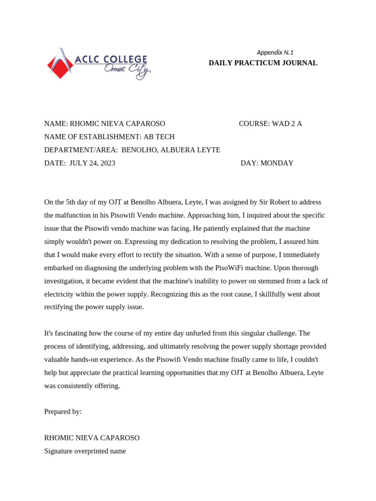 Daily Practicum Journal Ojt | PDF | Cognition