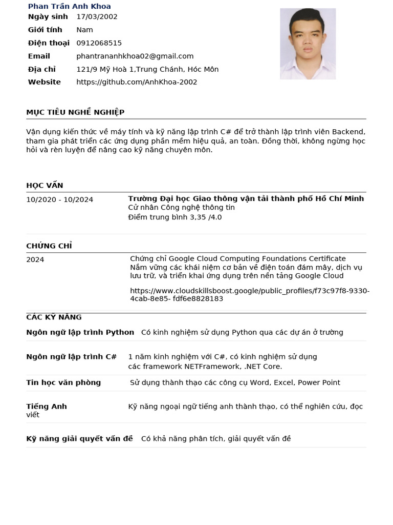Phan Tran Anh Khoa TopCV - VN 280824.163442 | PDF