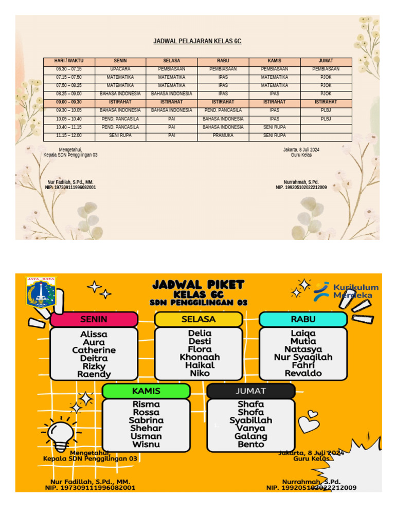Jadwal Pelajaran 6C Rahmah | PDF