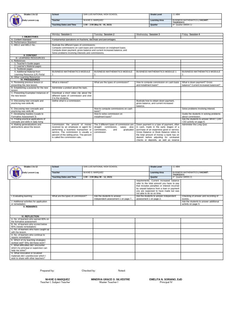 BM 4TH DLL | PDF | Teachers | Mathematics