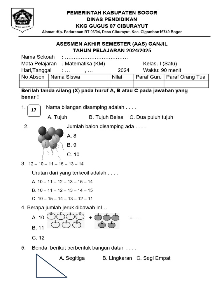 Soal AAS Matematika kelas 1 | PDF