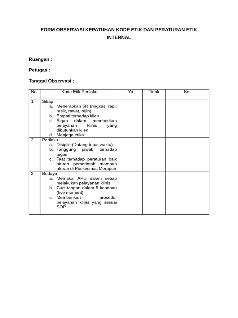 Form Observasi Kepatuhan Kode Etik Dan Peraturan Etik Internal | PDF