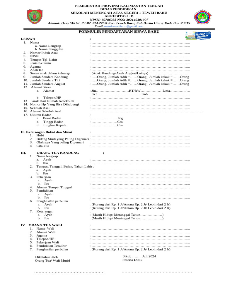 FORMULIR PENDAFTARAN SISWA BARU | PDF
