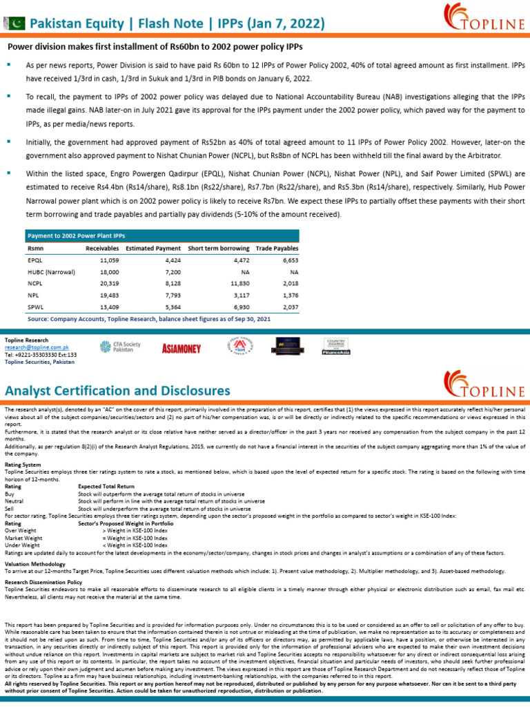 Pakistan IPPs Payment Update - Jan 2022 | PDF | Financial Analyst | Stocks