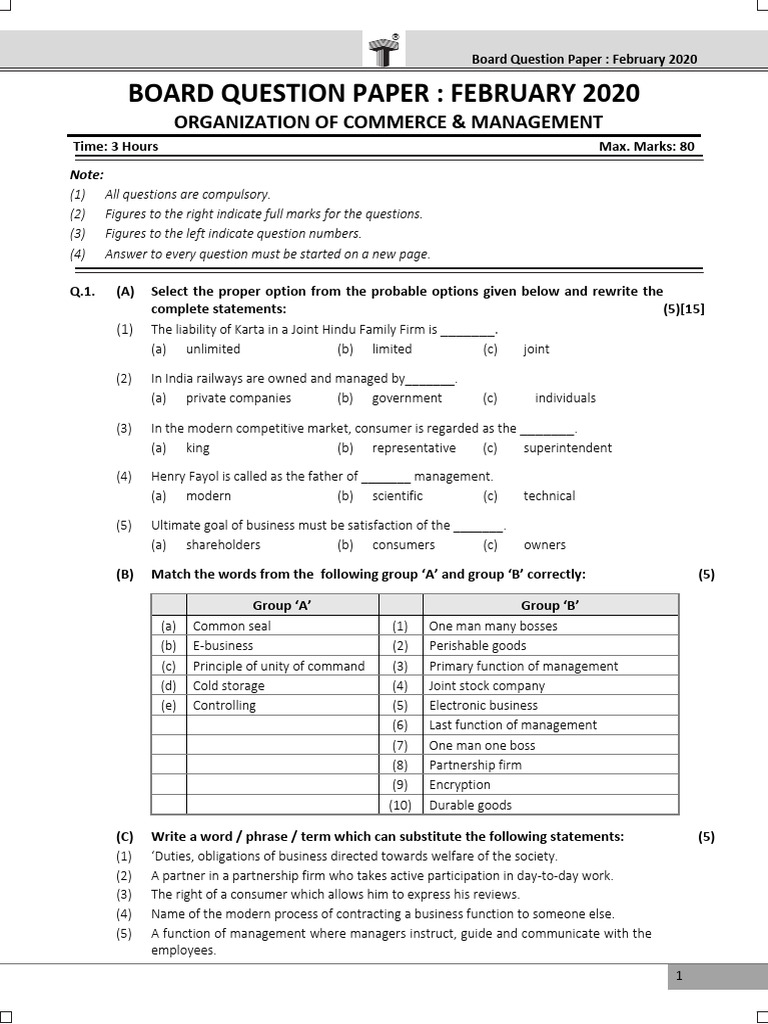 Organization of Commerce March 2020 Std 12th Commerce Hsc Maharashtra Board Question Paper | PDF ...