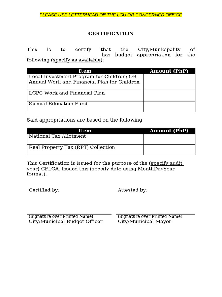 CFLGA Template - Certification_Budget | PDF