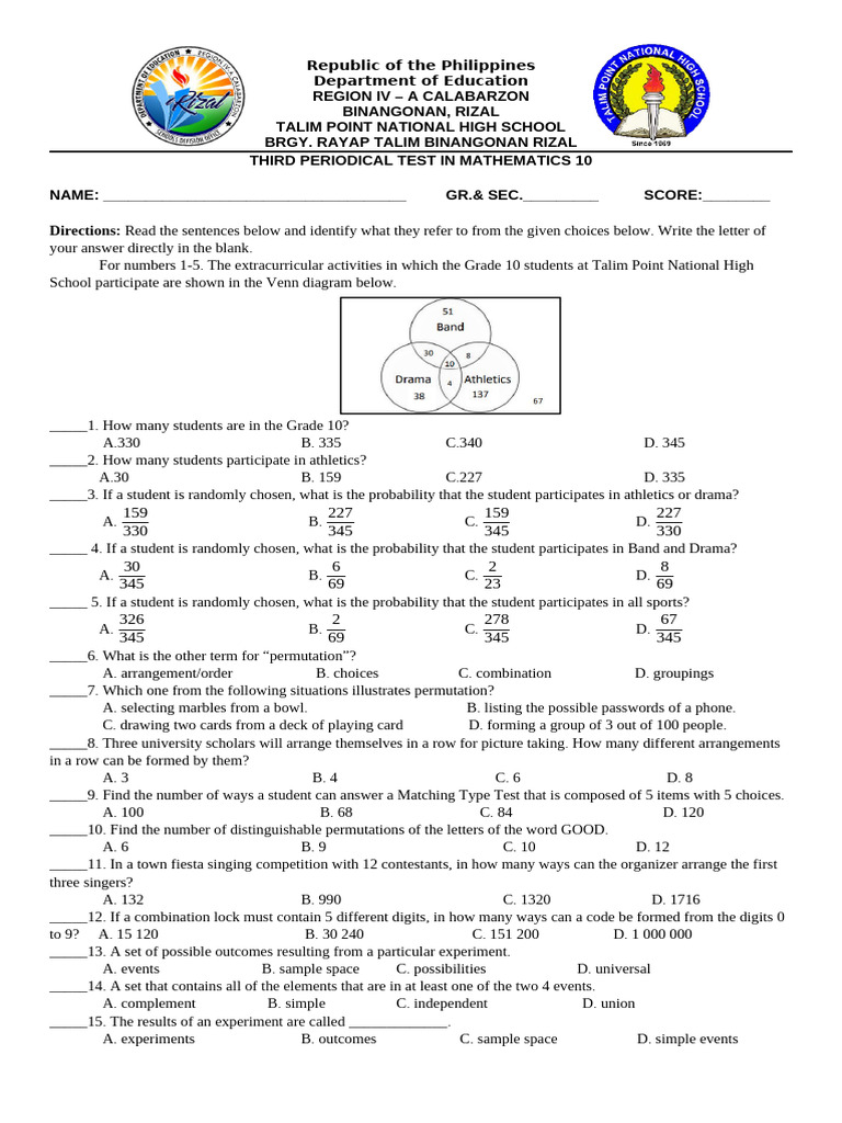 Math Test for Grade 10 Students | PDF