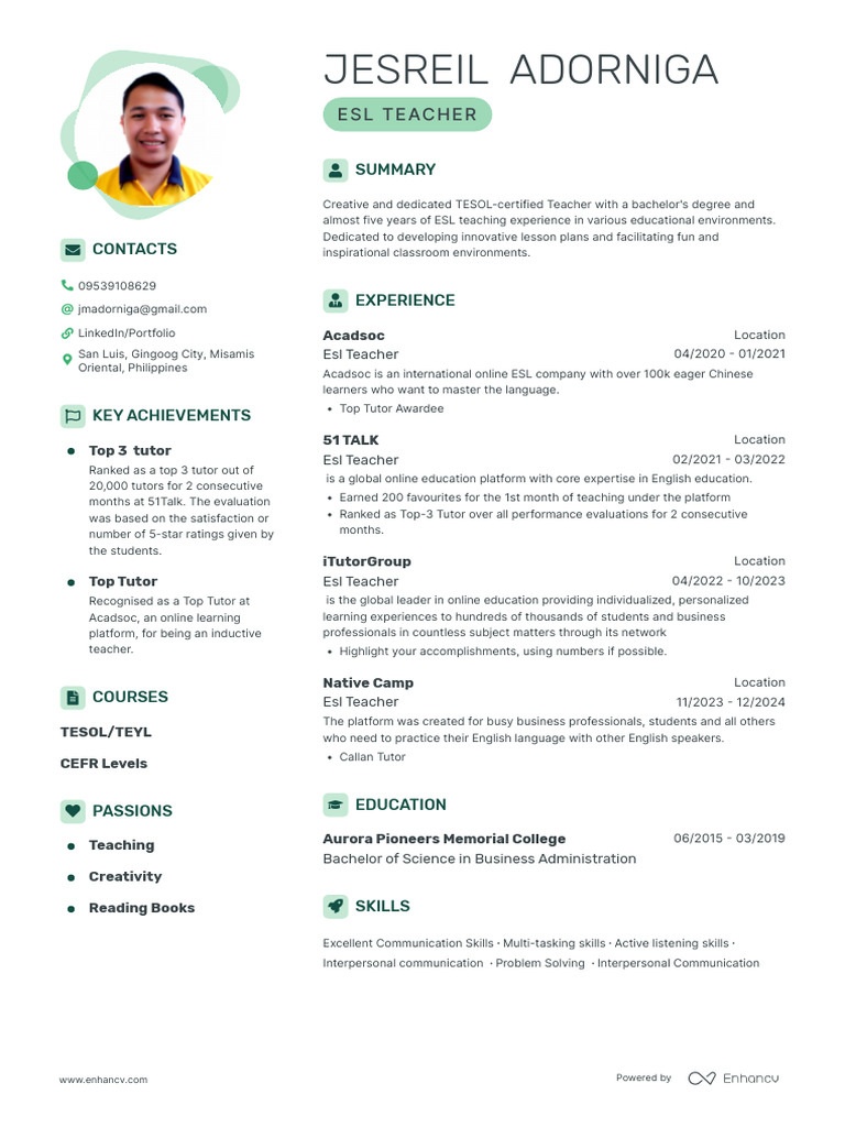 Experienced ESL Teacher Profile | PDF | English As A Second Or Foreign ...