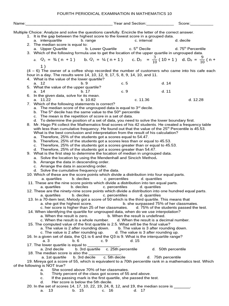 4th Periodical Test | PDF | Percentile | Quartile