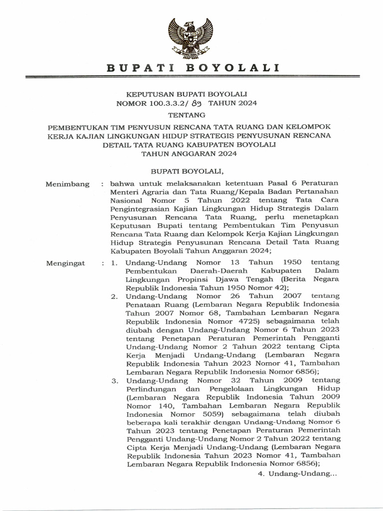 SK Bupati - Pembentukan Tim Penyusun RTR Dan Pokja KLHS 2024 | PDF